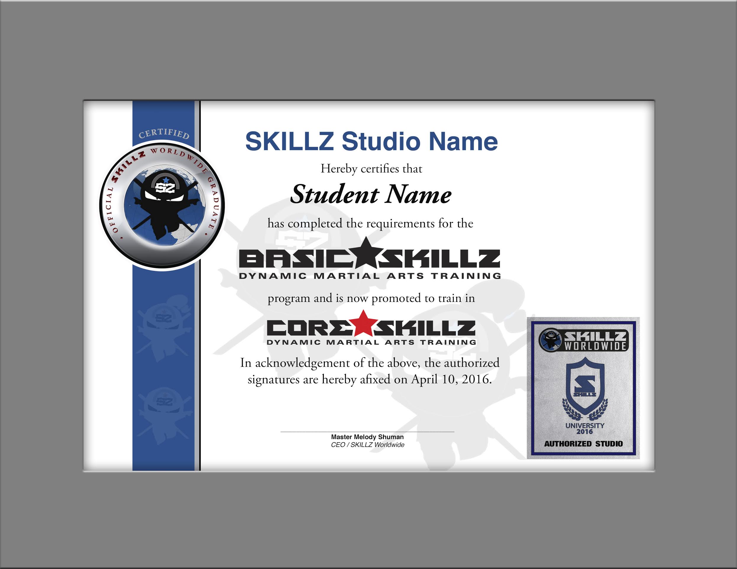 SKILLZ Worldwide Graduation Certificate - Martial Arts Certificates